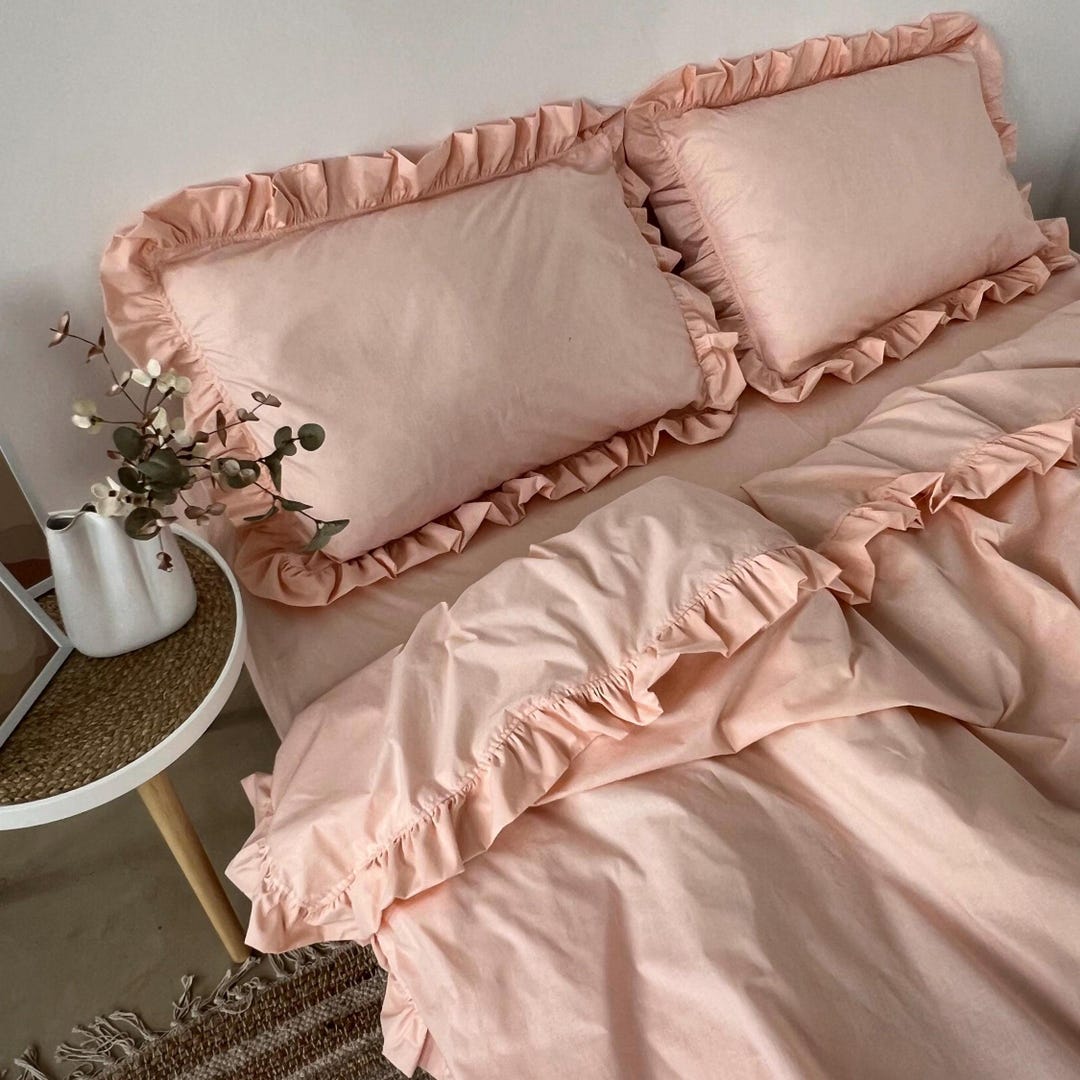 Ruffled Bedding Peach Color 100% Cotton 4 Pcs Set: 2 Pillowcase, Duvet ...