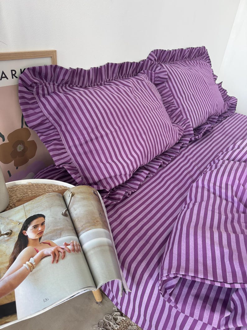 Set of 2 Purple Stripe Pillowcases 100% Cotton. Ruffled Pillowcases ...