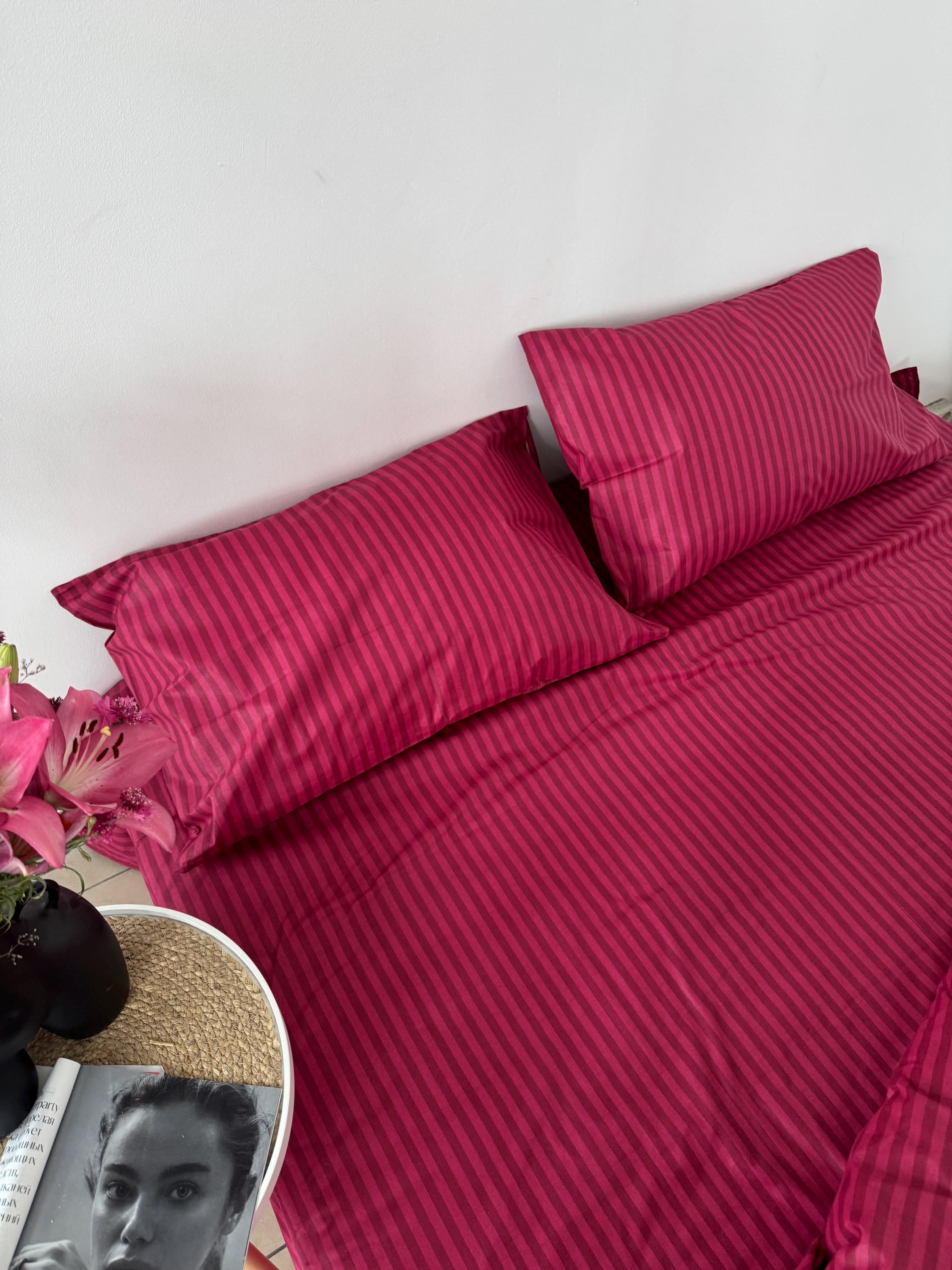 Set of 2 Red Striped Pillowcases 100% Cotton. Ruffled Pillowcases ...