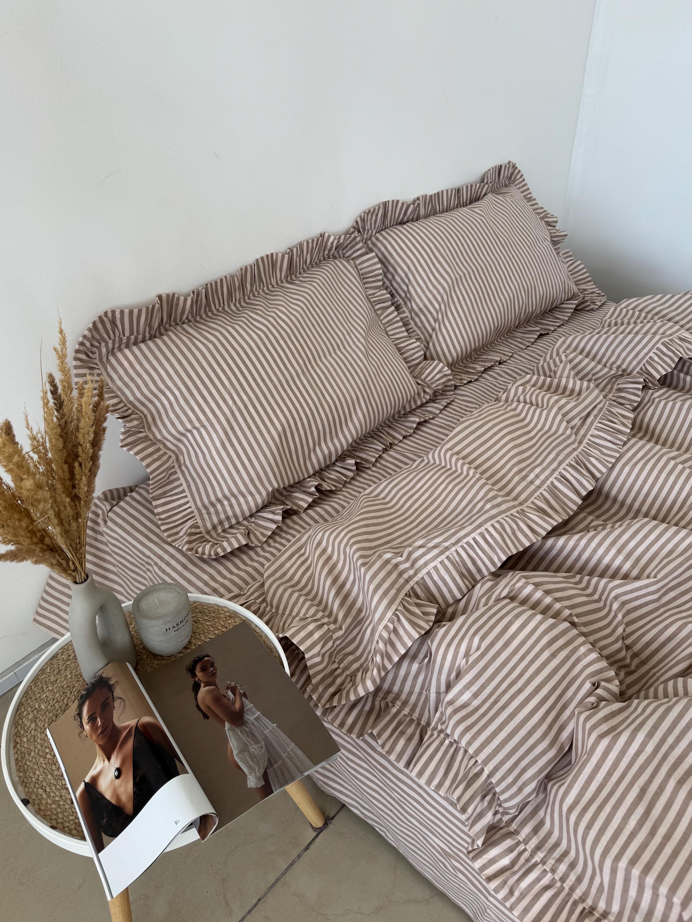 Cotton Cottagecore Bedding Set: Brown Beige Striped Ruffle Duvet Cover ...