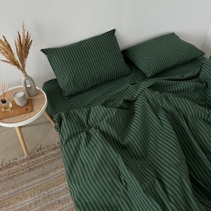 Green Striped Bedding Set Duvet Cover and Pillowcases Striped Duvet ...