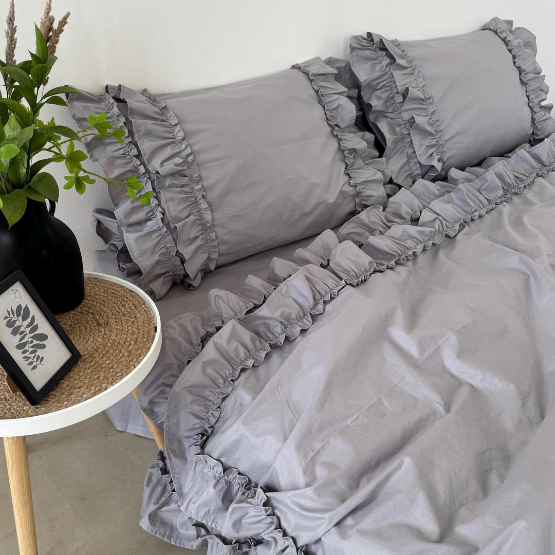 Gray Ruffle Bedding in Vintage Style 4pc Set - Twin, Double, Queen ...