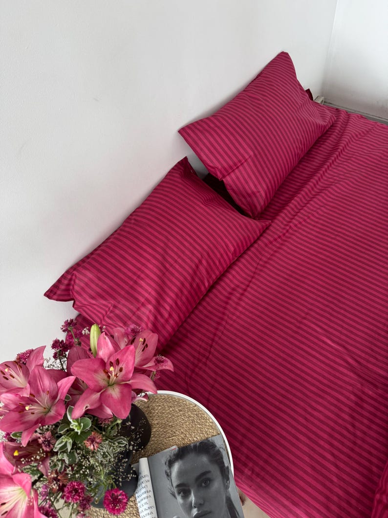 Set of 2 Red Striped Pillowcases 100% Cotton. Ruffled Pillowcases ...