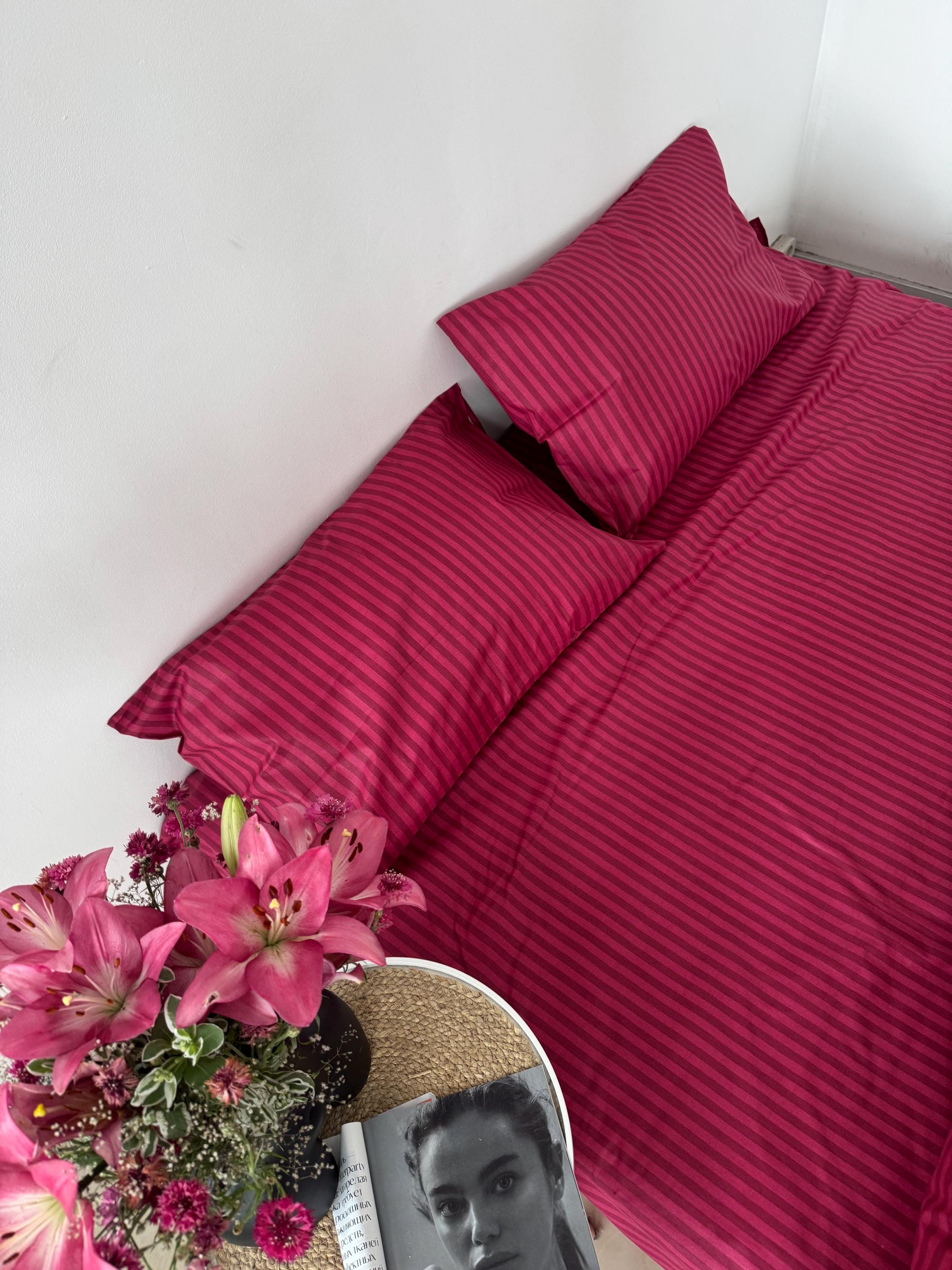 Set of 2 Red Striped Pillowcases 100% Cotton. Ruffled Pillowcases ...