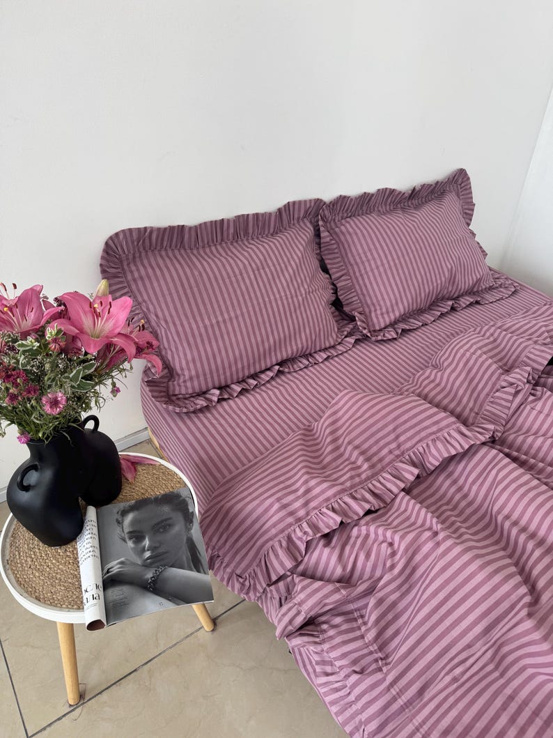 Striped Cotton Bedding Set With Ruffles: Custom Size Duvet Cover and ...