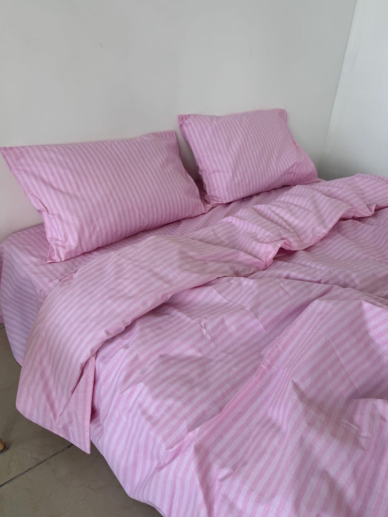 Pink Striped Cotton Bedding Set: Duvet Cover, Pillowcases, Sheet (4pcs ...