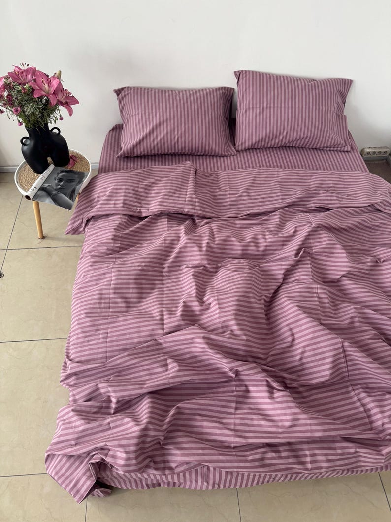 Stripe Powder Bedding Set: Duvet Cover, Pillowcases, Flat or Fitted ...