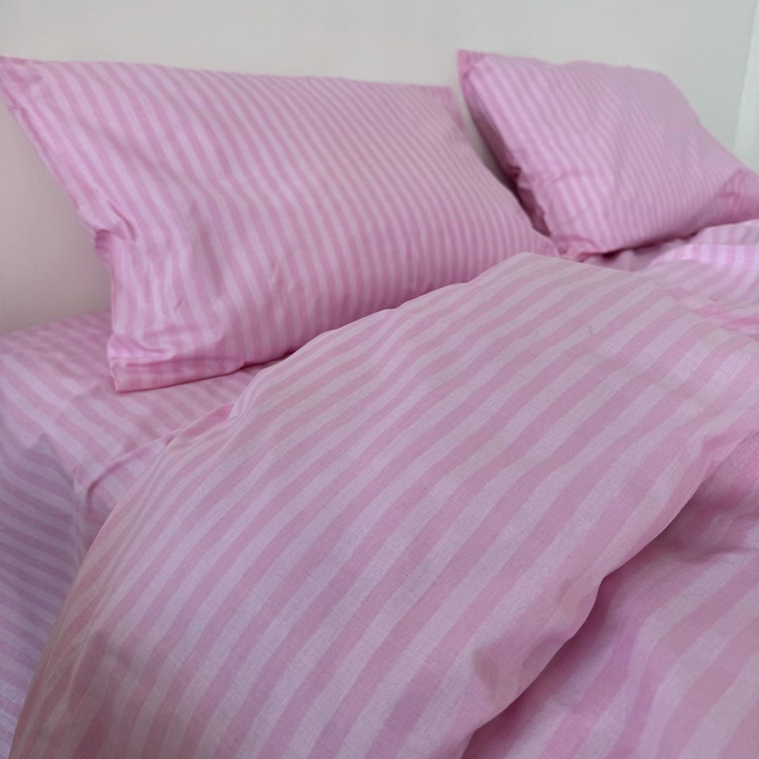 Pink Striped Cotton Bedding Set: Duvet Cover, Pillowcases, Sheet (4pcs ...