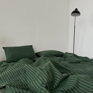 Green Striped Bedding Set Duvet Cover and Pillowcases Striped Duvet ...
