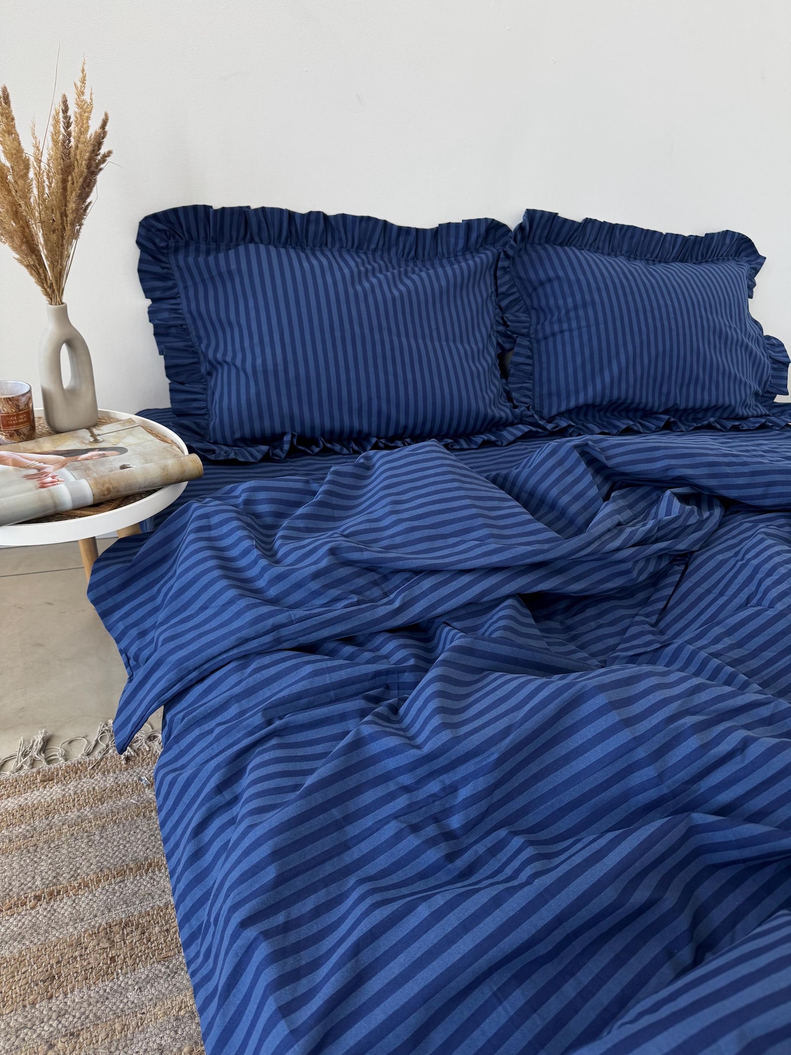 Stripe Blue Bedding Set With Ruffles – 4 Pieces (2 Pillowcases, Duvet ...