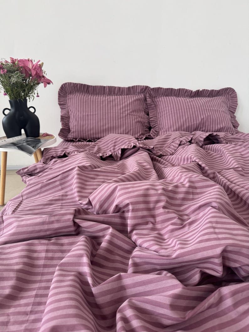 Striped Cotton Bedding Set With Ruffles: Custom Size Duvet Cover and ...