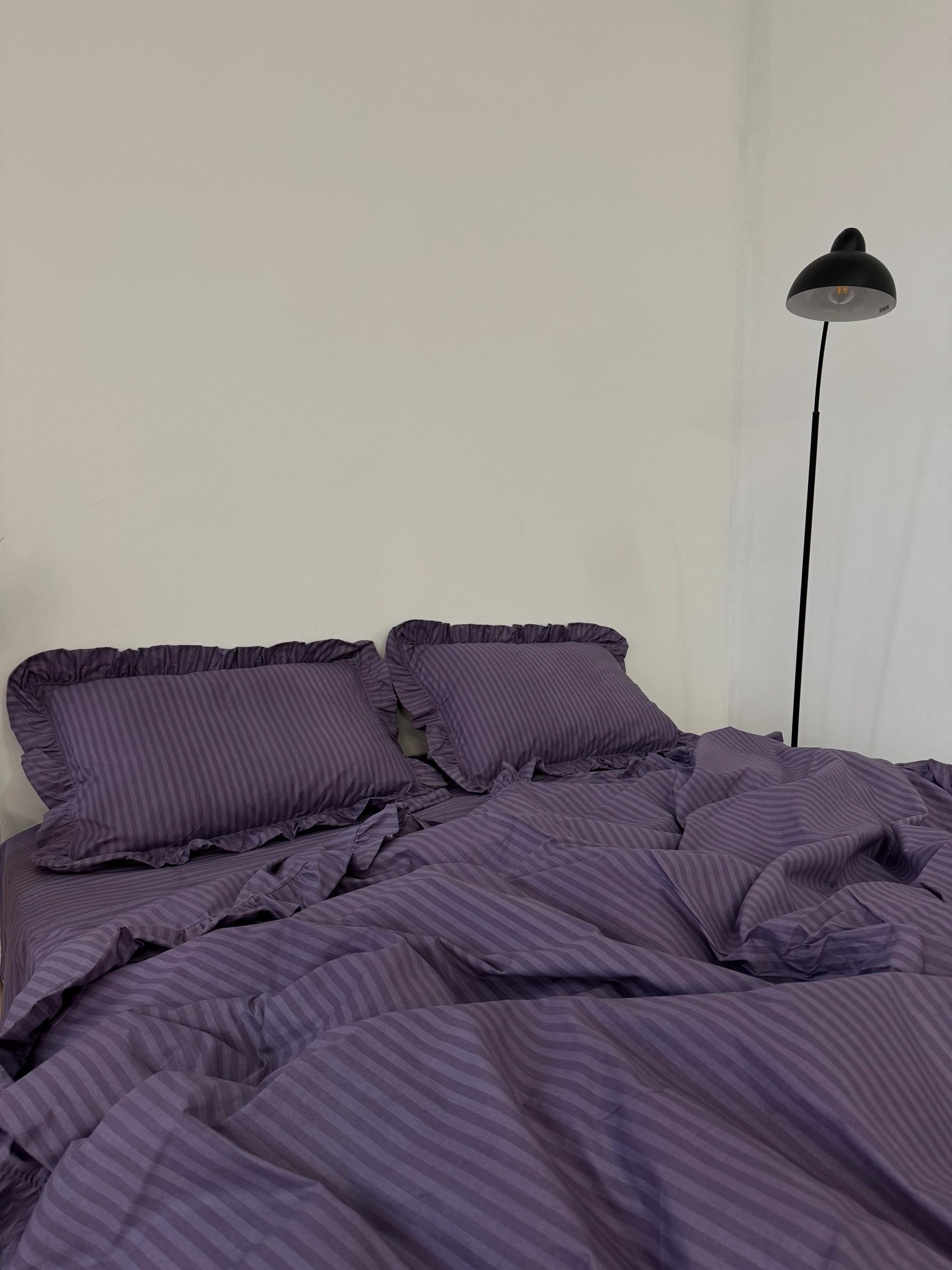 Ruffled Striped Dark Lavender Bedding 100% Cotton Bedding Set ...