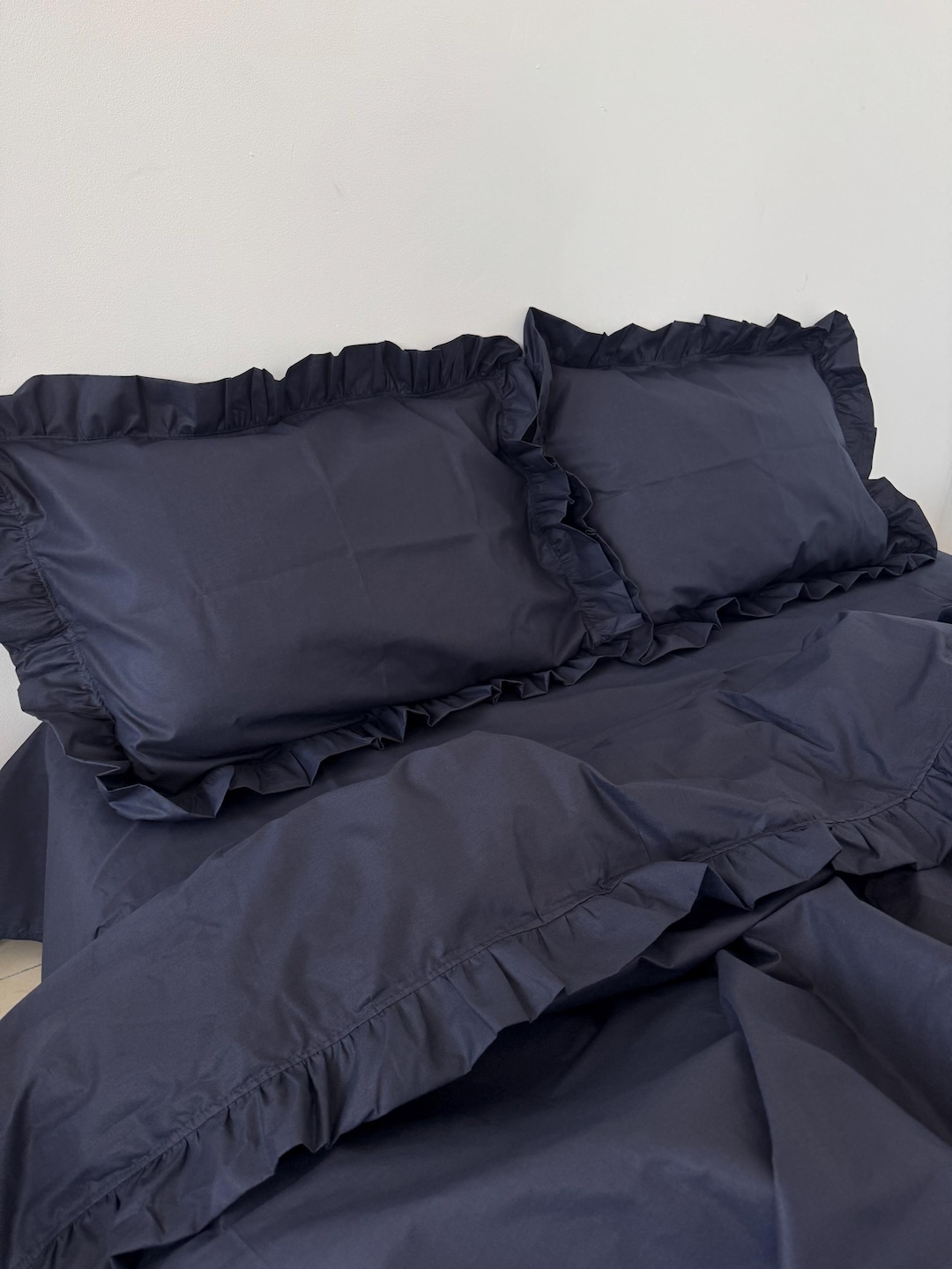 Dark Blue Ruffle Bedding Set: 100 Cotton Duvet Cover, Pillowcases ...