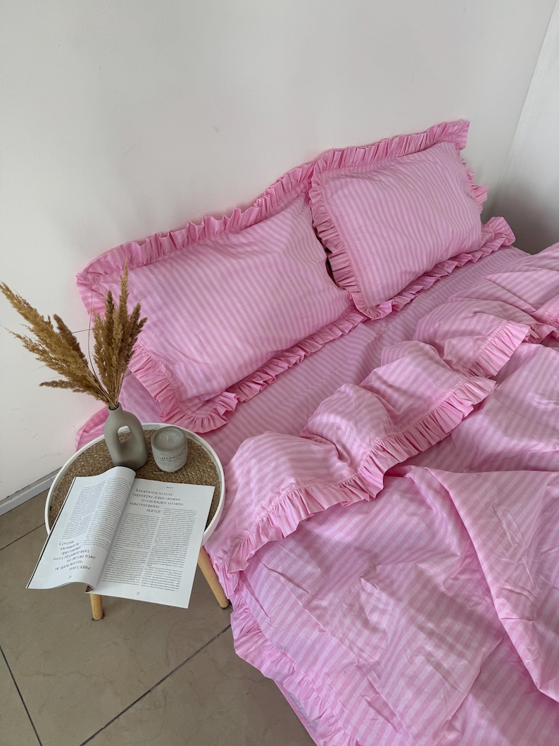 Pink Stripe Ruffle Bedding Set: 100% Cotton Duvet Cover and Pillowcases ...