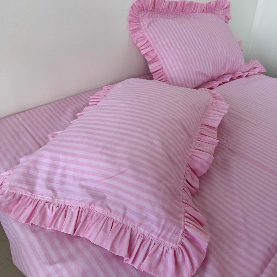 Set of 2 Pink Stripe Pillowcases 100% Cotton. Ruffled Pillowcases ...