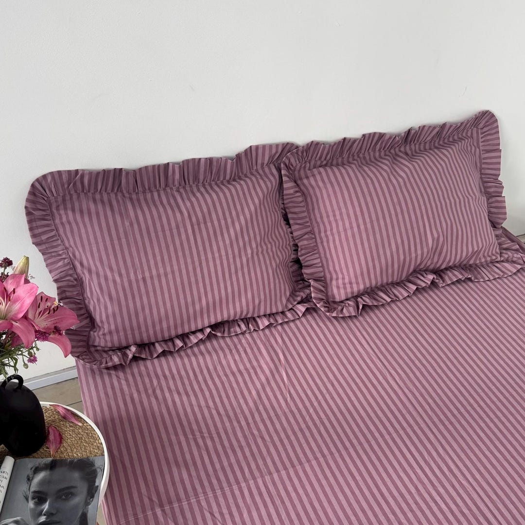 Set of 2 Powder Stripe Pillowcases 100% Cotton. Ruffled Pillowcases ...