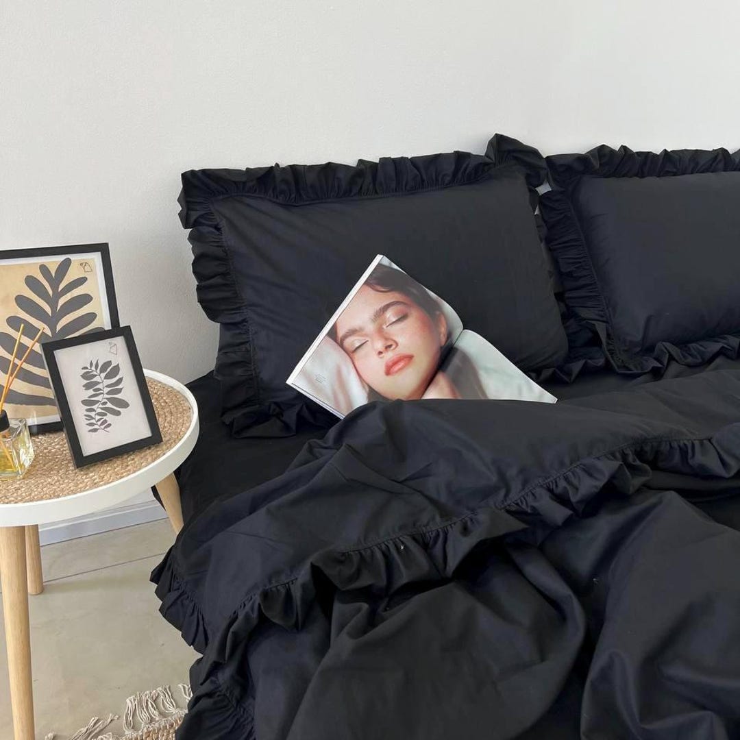 Black Ruffle Bedding 100% Cotton 4 Piece Set : Duvet Cover, 2 ...