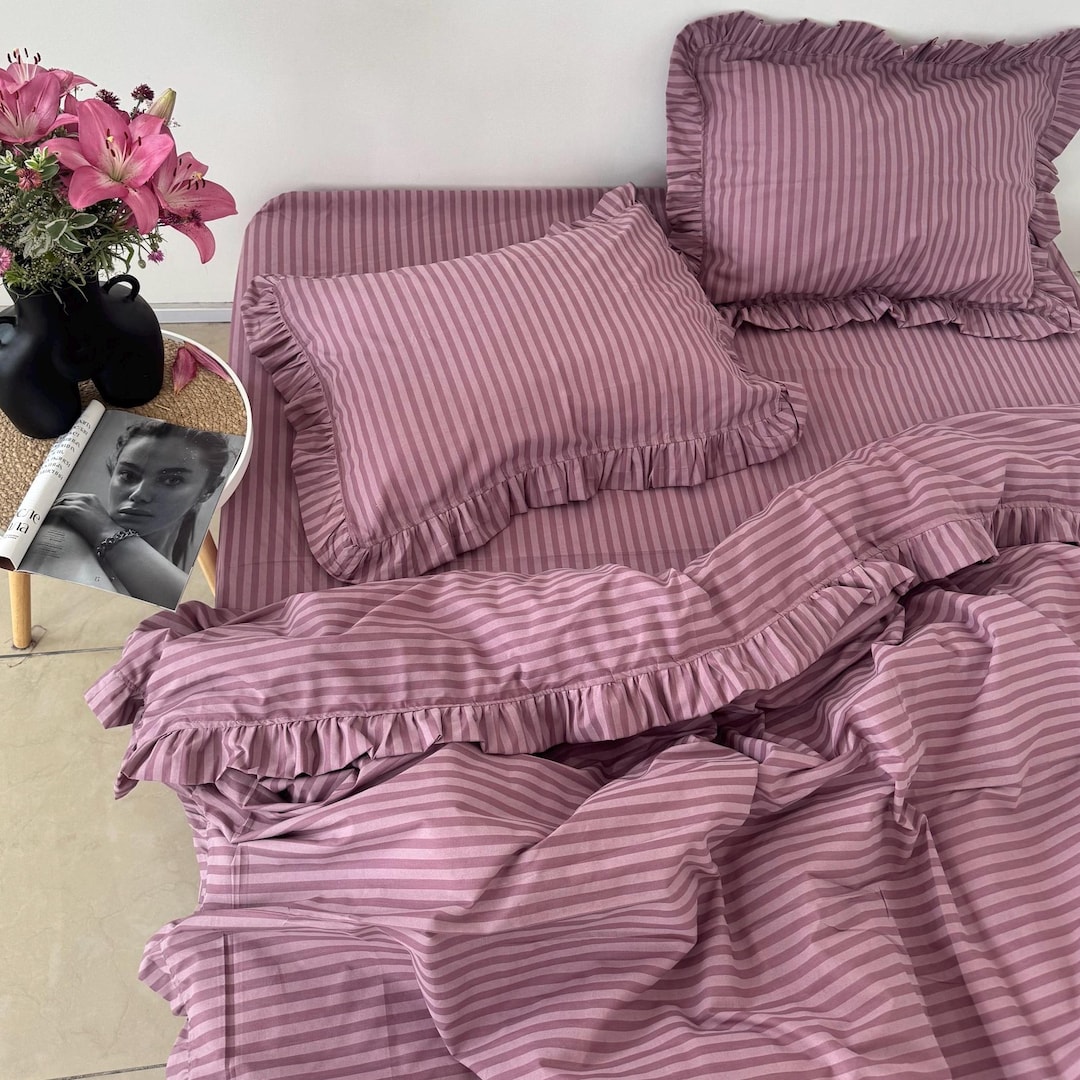 Striped Cotton Bedding Set With Ruffles: Custom Size Duvet Cover and ...