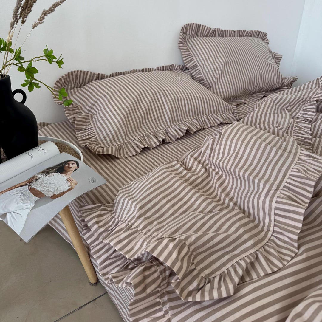 Cotton Cottagecore Bedding Set: Brown Beige Striped Ruffle Duvet Cover ...