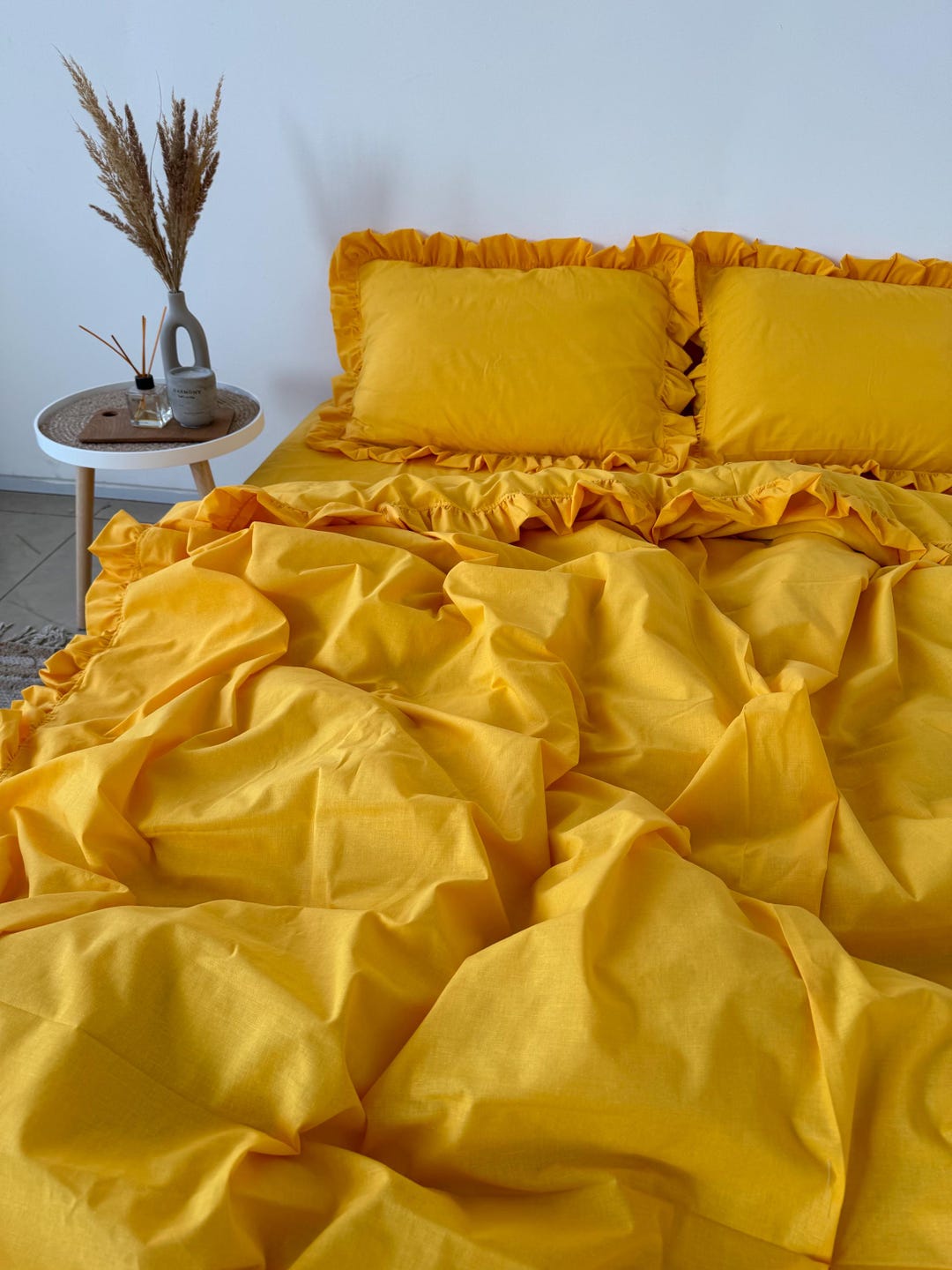 Ruffled Mustard Yellow Bedding Set – Duvet Cover, Sheet, and ...