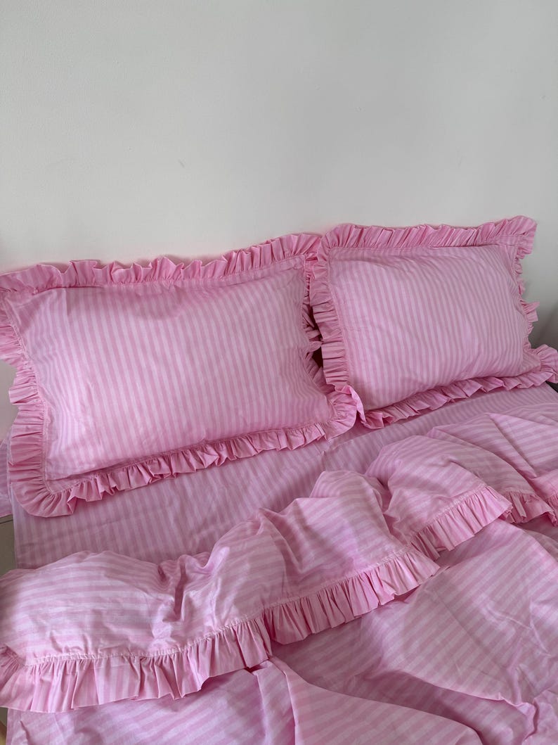 Pink Stripe Ruffle Bedding Set: 100% Cotton Duvet Cover and Pillowcases ...