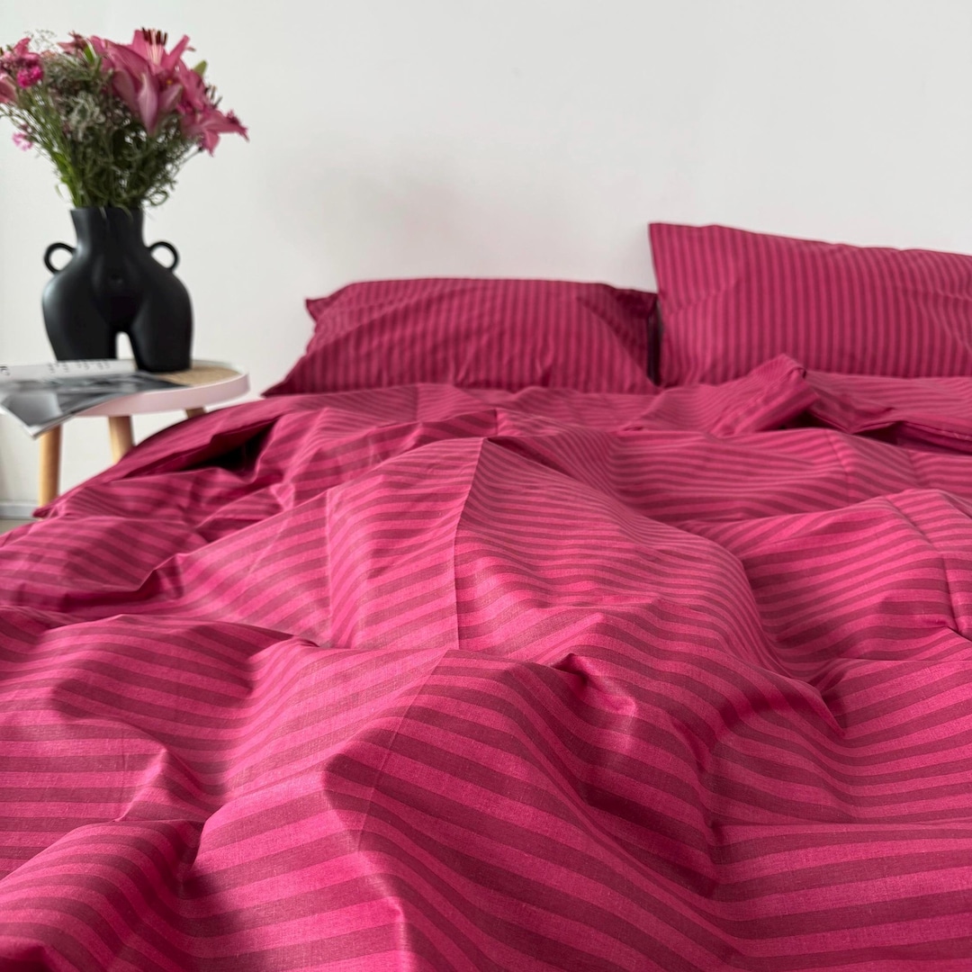 Stripe Red Bedding Set: Duvet Cover, Pillowcases, Flat or Fitted Sheet ...