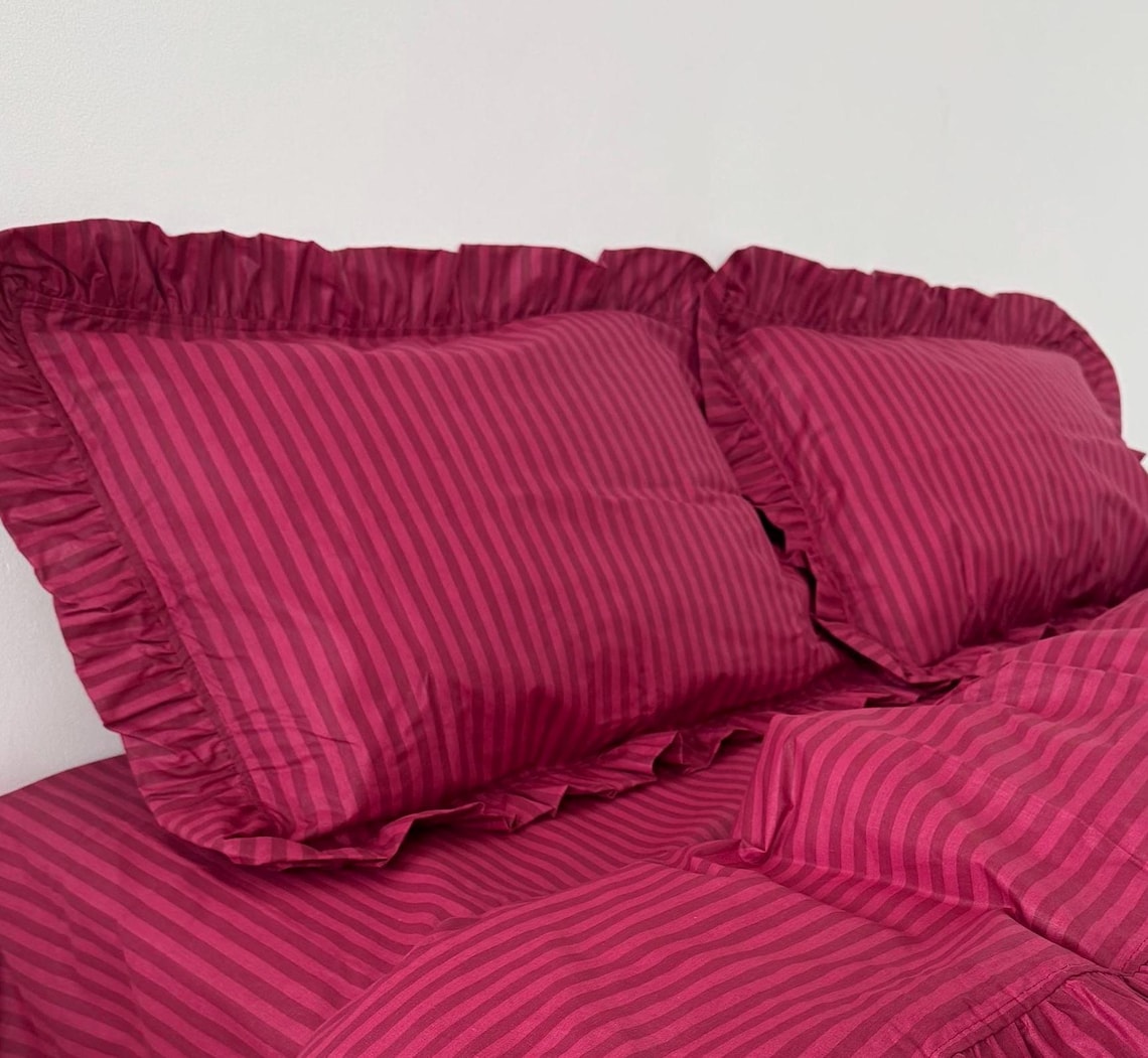 Set of 2 Red Striped Pillowcases 100% Cotton. Ruffled Pillowcases ...