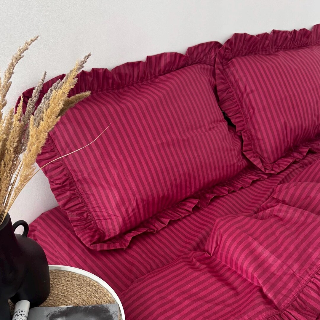 Set of 2 Red Stripe Pillowcases 100% Cotton. Ruffled Pillowcases ...