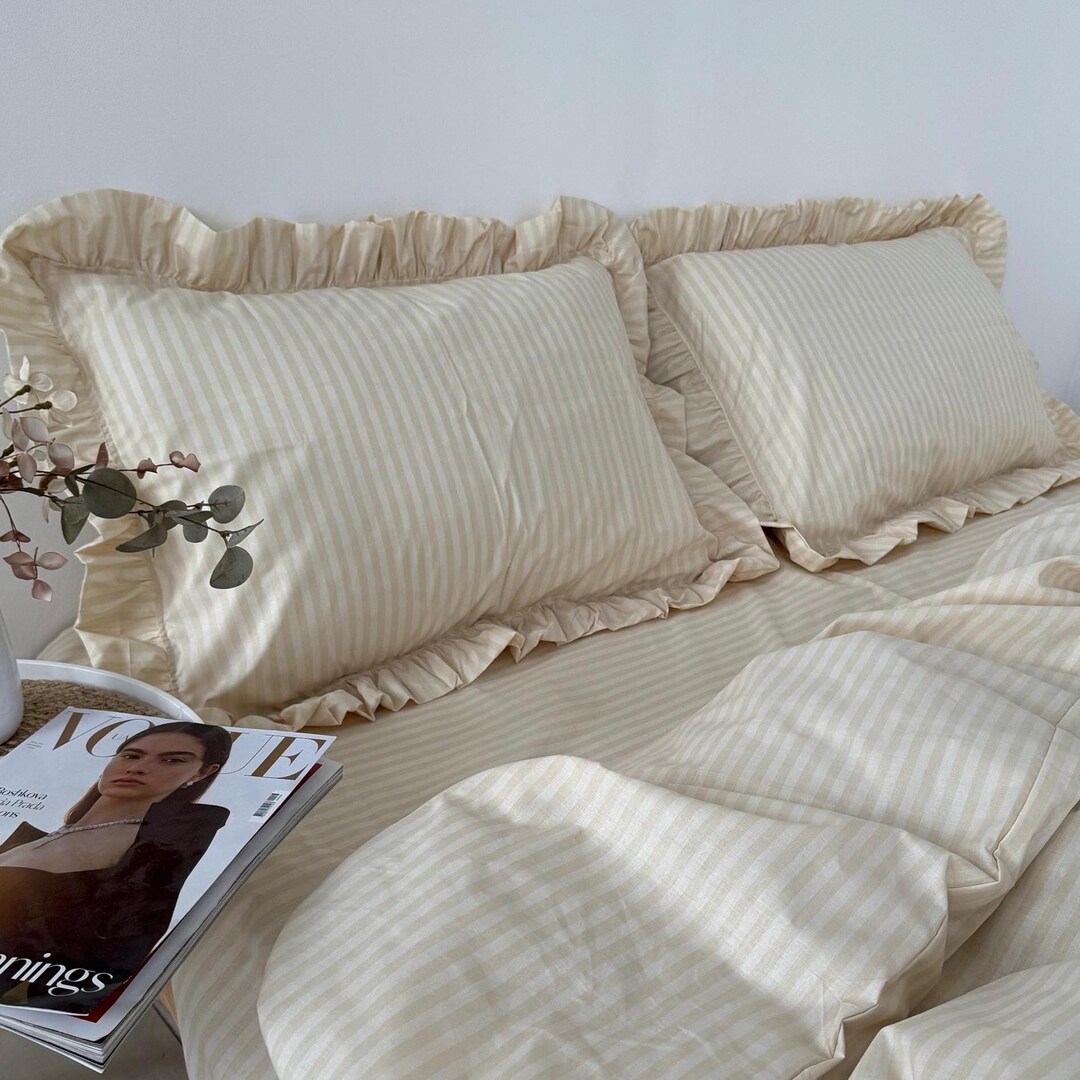 Set of 2 Striped Beige Pillowcases 100% Cotton. Ruffled Pillowcases ...