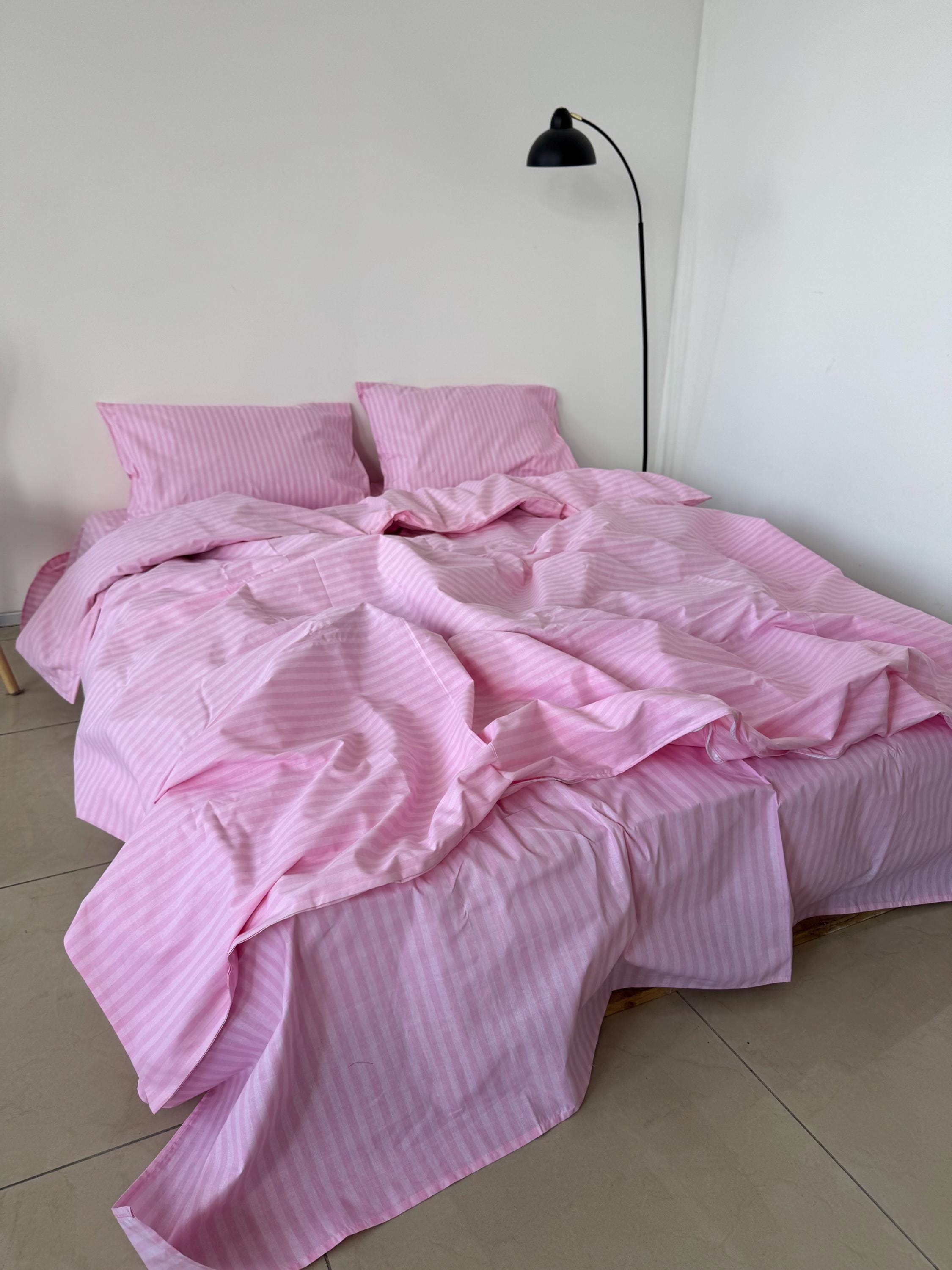 Pink Striped Cotton Bedding Set: Duvet Cover, Pillowcases, Sheet (4pcs ...