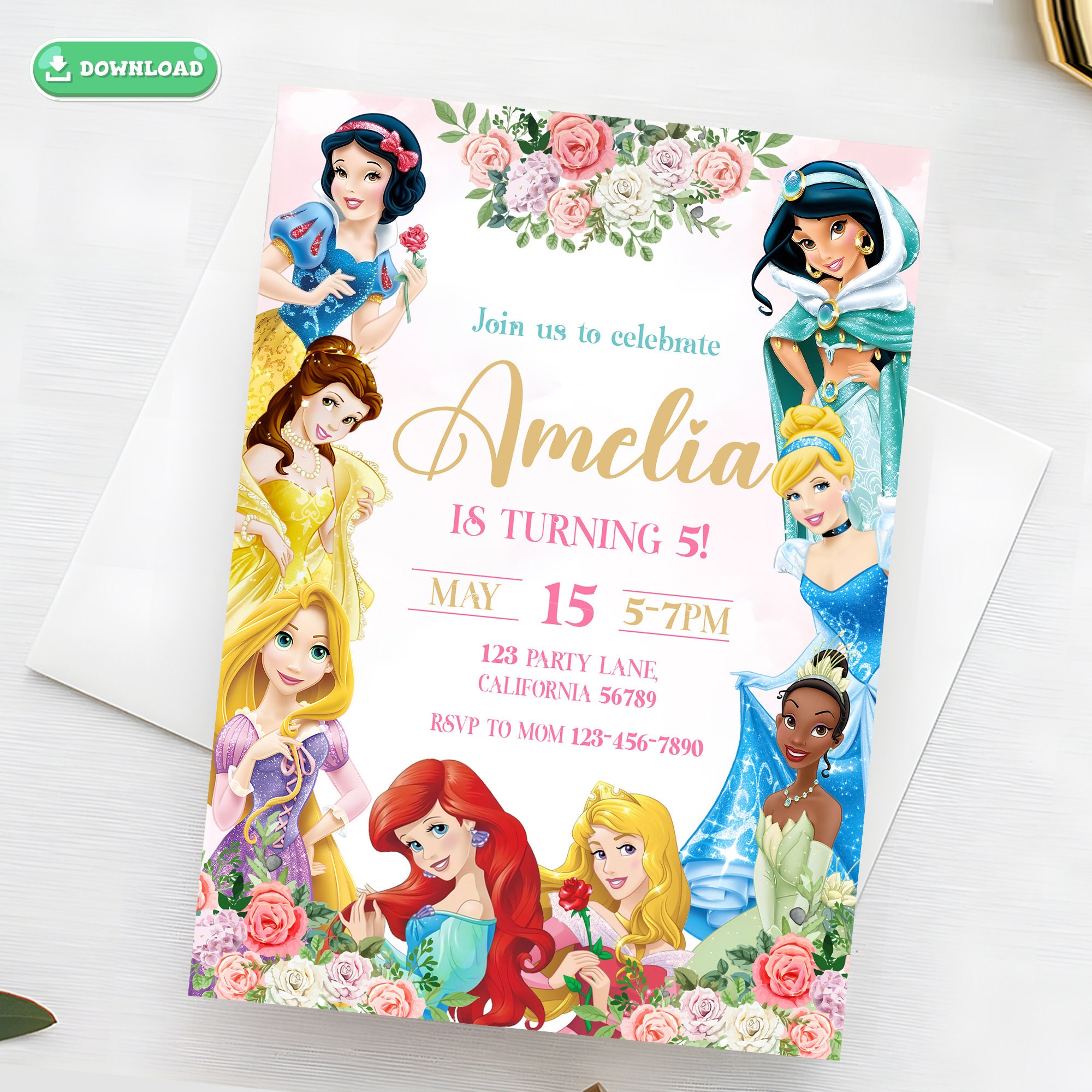 Printable Princess Birthday Invitation, Princess Party Invitation Girl ...