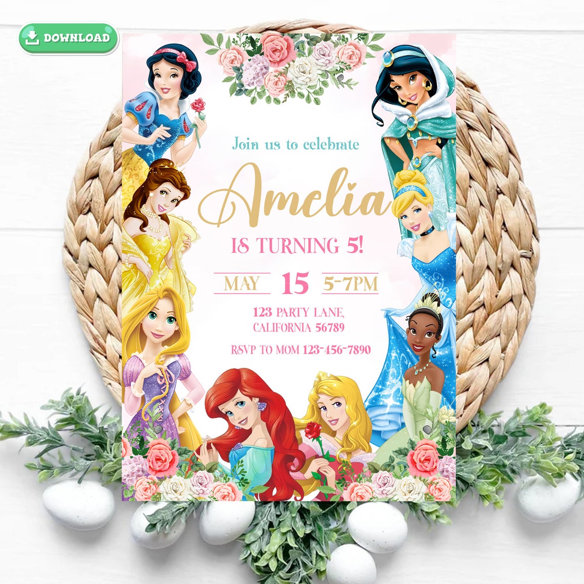 Printable Princess Birthday Invitation, Princess Party Invitation Girl ...