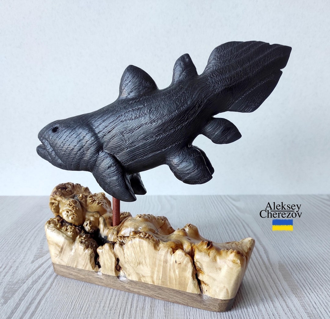 Coelacanth. Latimeria Fish Sculpture – Hand-carved Fossil Fish in Wood ...