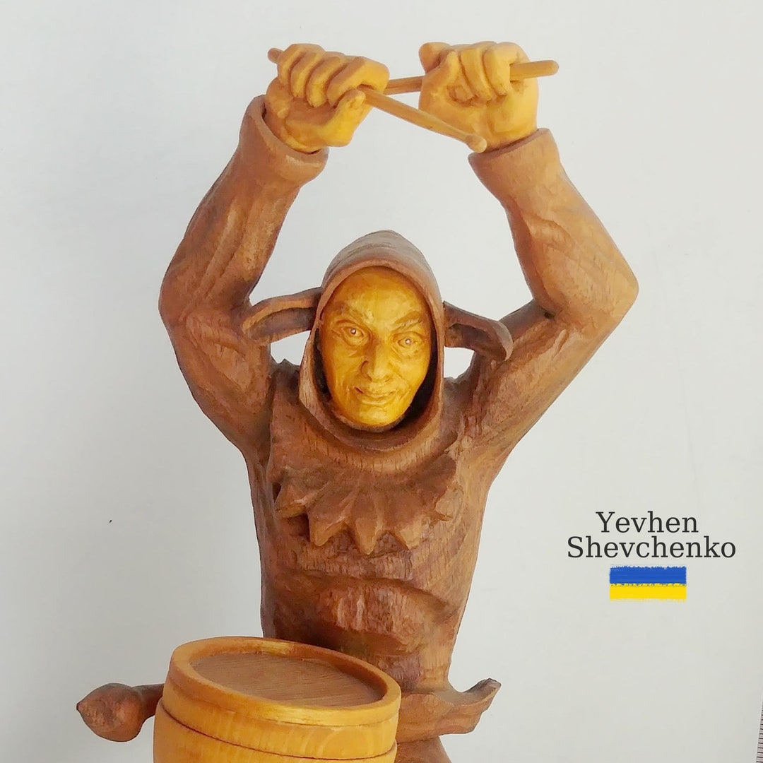 Hand Carved Wooden Jester Sculpture With Drum: Harlequin Decor - Etsy