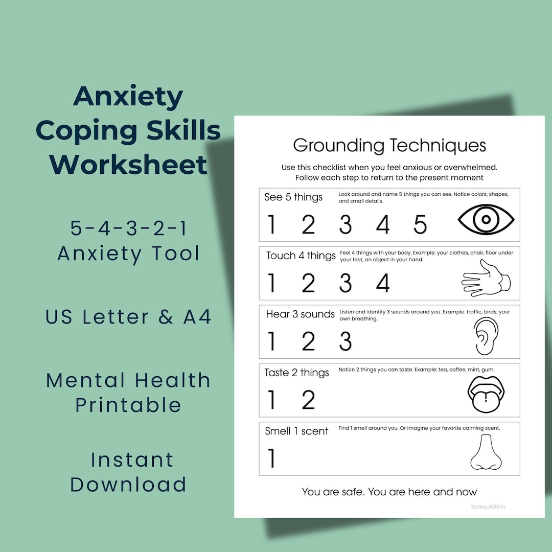 Grounding Techniques Printable: Anxiety Coping Skills Worksheet 5-4-3-2 ...