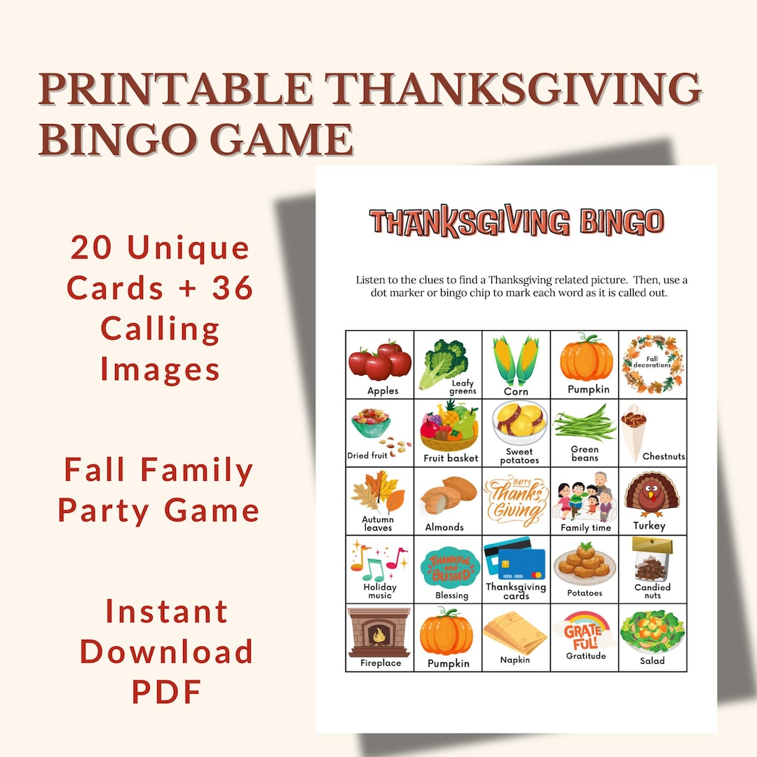 Printable Thanksgiving Bingo Game Fall Family Party Game Kids Classroom ...