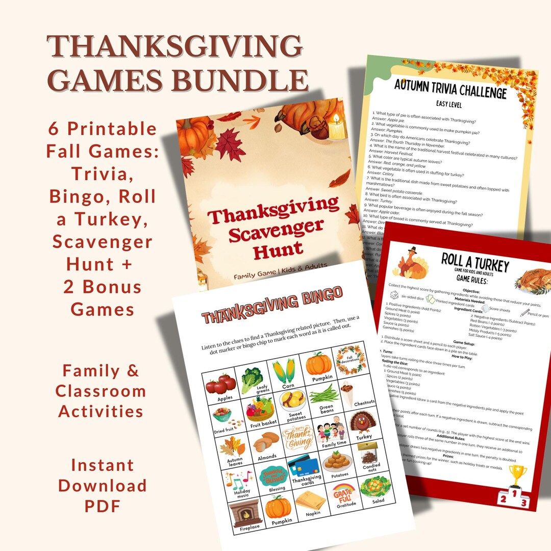 6 Printable Thanksgiving Games Bundle: Trivia, Bingo, Roll a Turkey ...