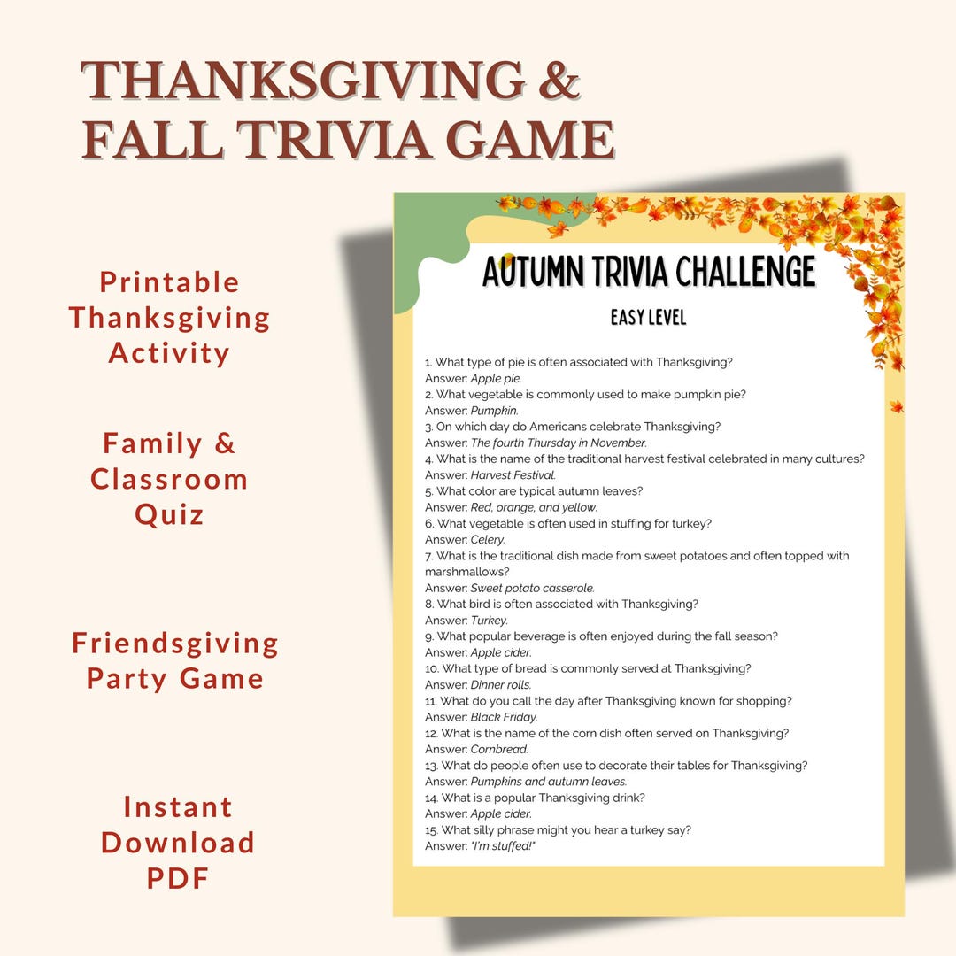 Thanksgiving Fall Trivia Game Printable Autumn Challenge Family ...