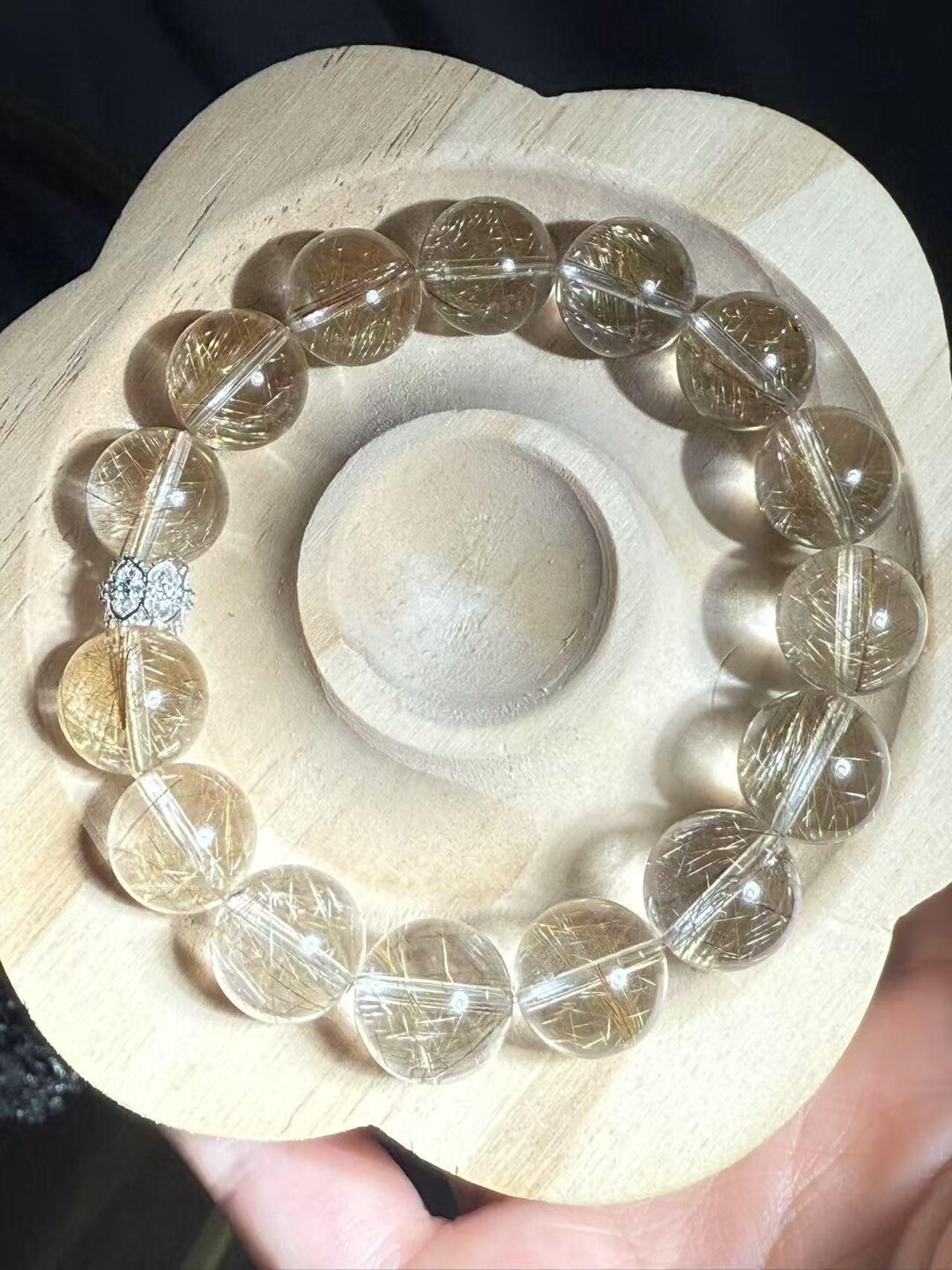 Silver Rutilated Quartz Bracelet: Natural Crystal Accent (13mm Beads ...