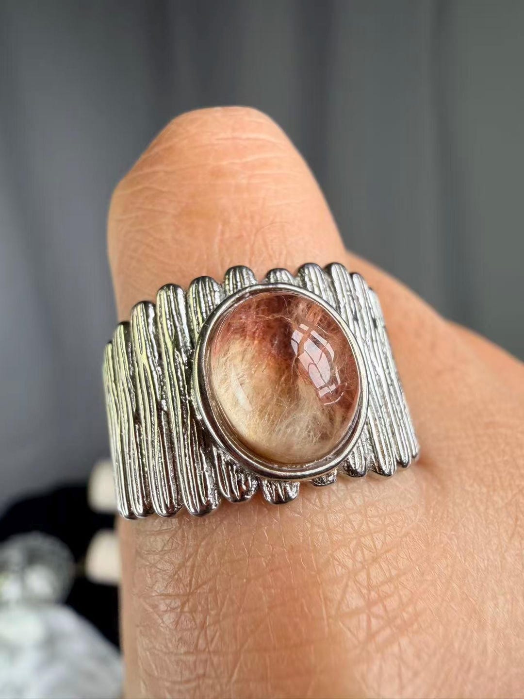 Orange Rutilated Quartz Ring: Wide Textured Silver Band, Bold Statement ...