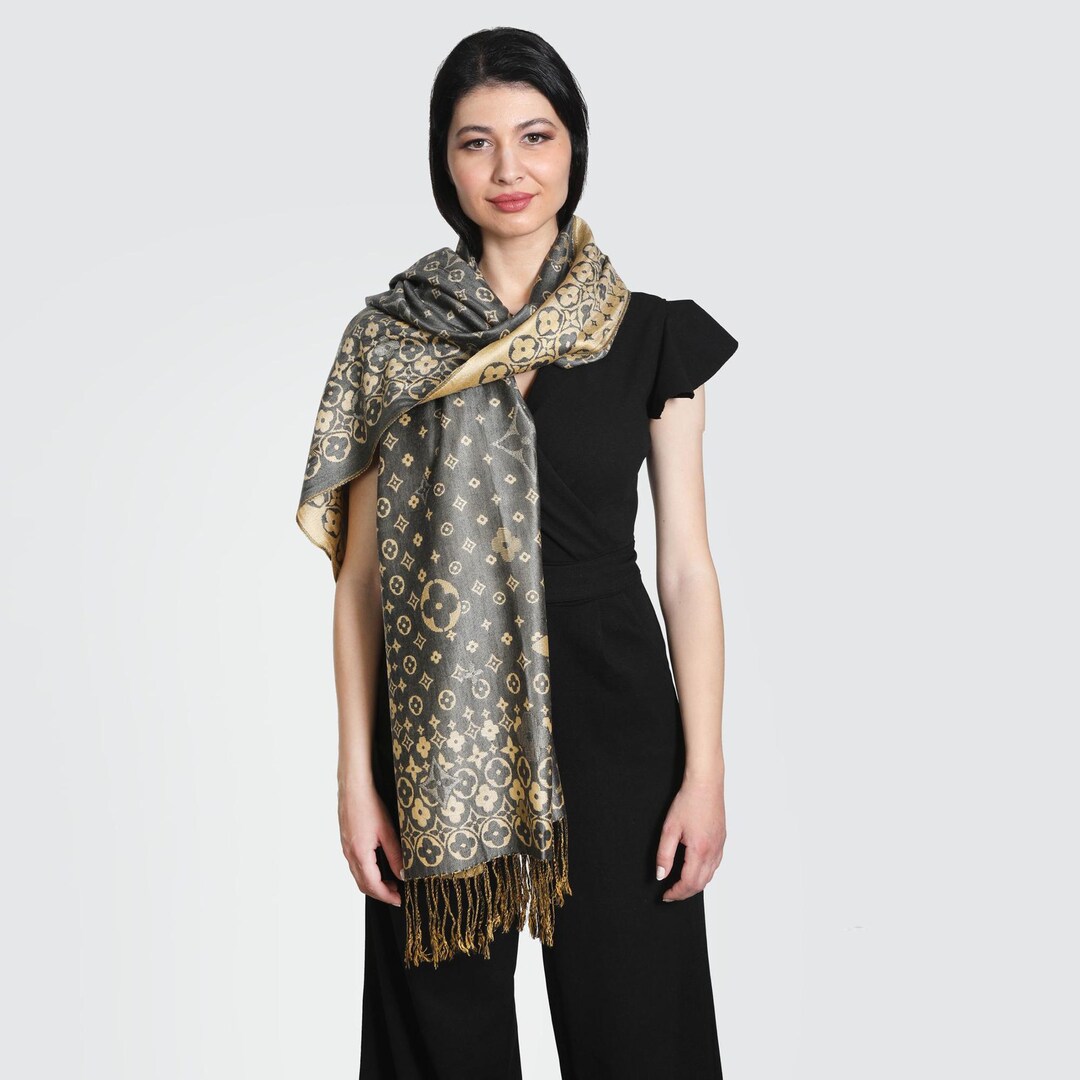 Anthracite and Gold Pashmina Shawl Elegant Traditional Pattern Wrap for Timeless Style, Weddings ...