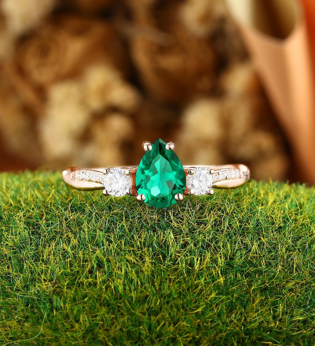 Vintage Emerald Engagement Ring Diamond Wedding Ring Moissanite Twisted ...