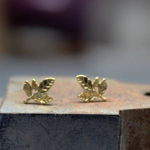 Tiny Gold Leaf Earrings , 14k Solid Gold Leaf Stud Earrings, Minimalist Jewelry, Wedding ...