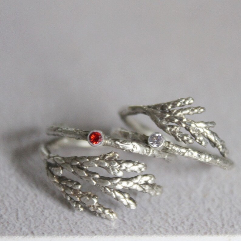Sterling Silver Juniper Leaf Ring: Red CZ Gemstone, Adjustable - Etsy