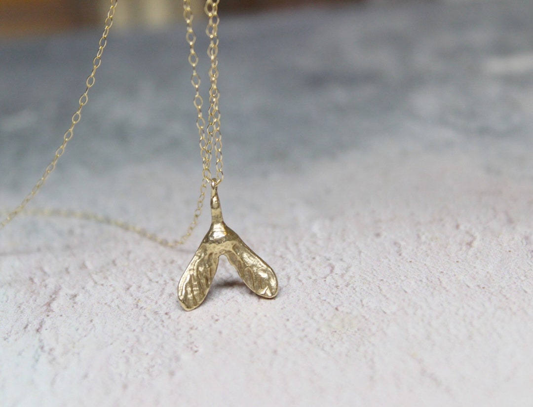9k Solid Gold Samara Necklace, Double Maple Seed Pendant , Botanical ...