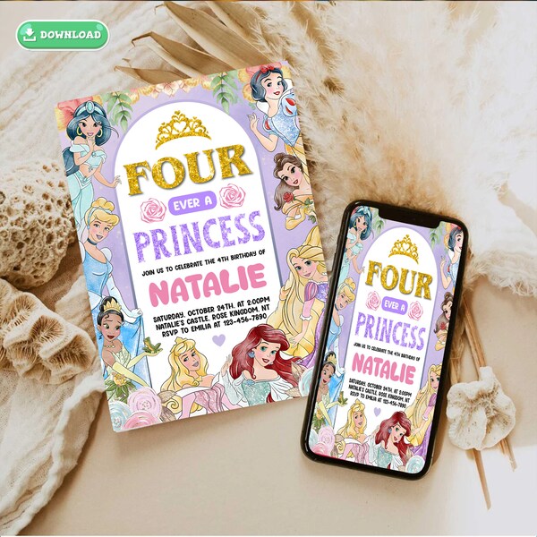 Princess Fourth Birthday Digital Invitation - Etsy