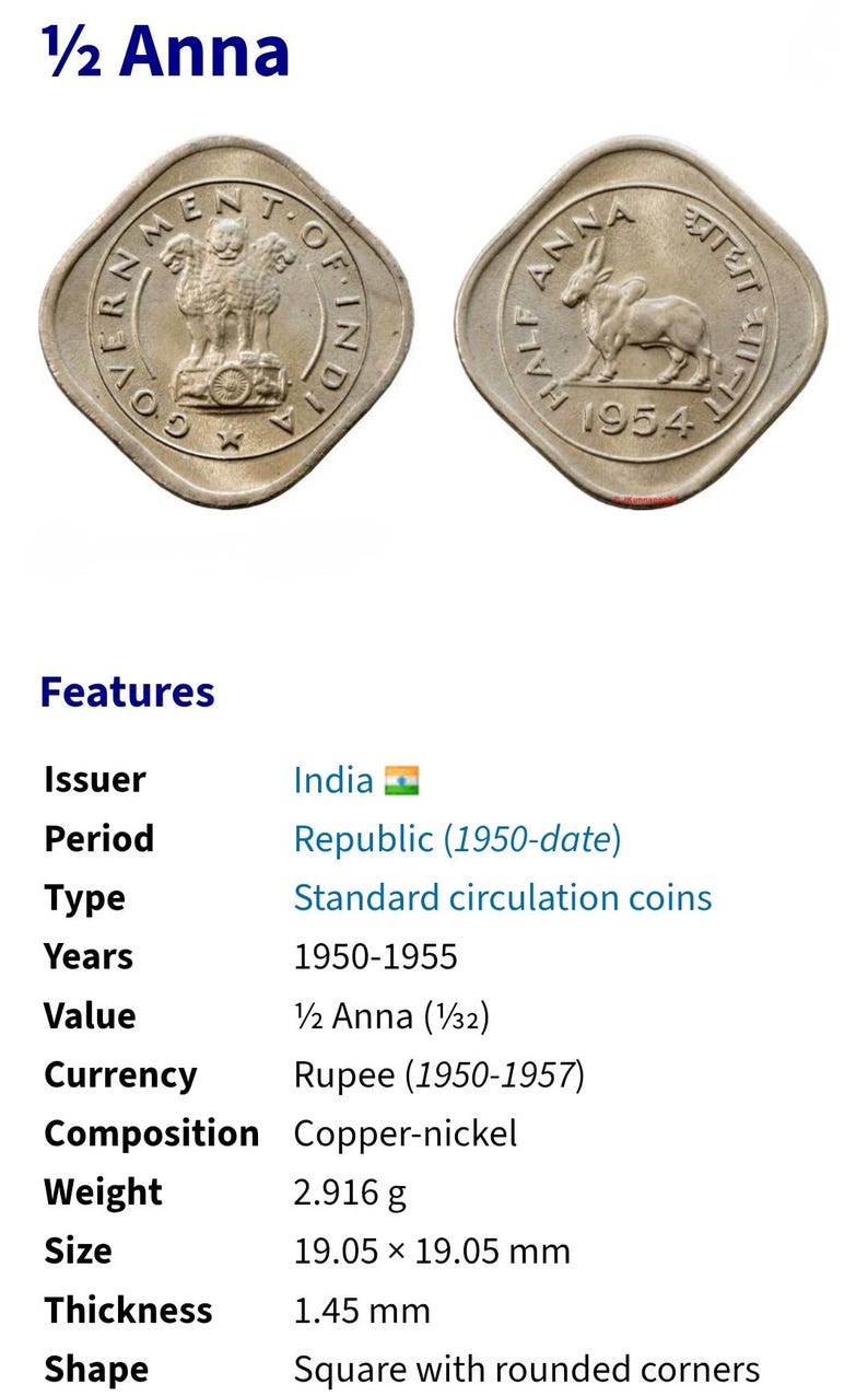 1954 India Half Anna Coin | Square Copper-nickel Numismatic Collectible ...