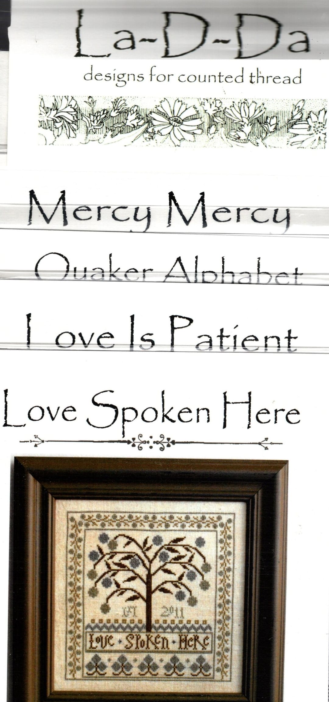 LA-D-DA Counted Cross Stitch Chartpack -nowilayme,countyourblessings,quakeralpha,mercy ...
