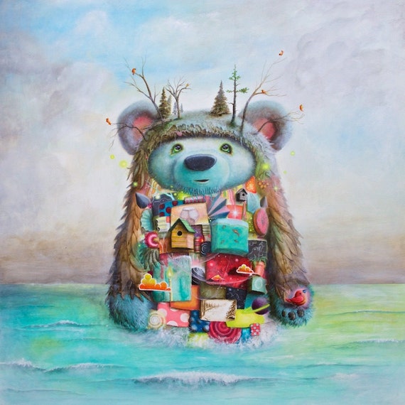 Bear Print Square Art Ocean Psychedelic Bears Teal | Etsy