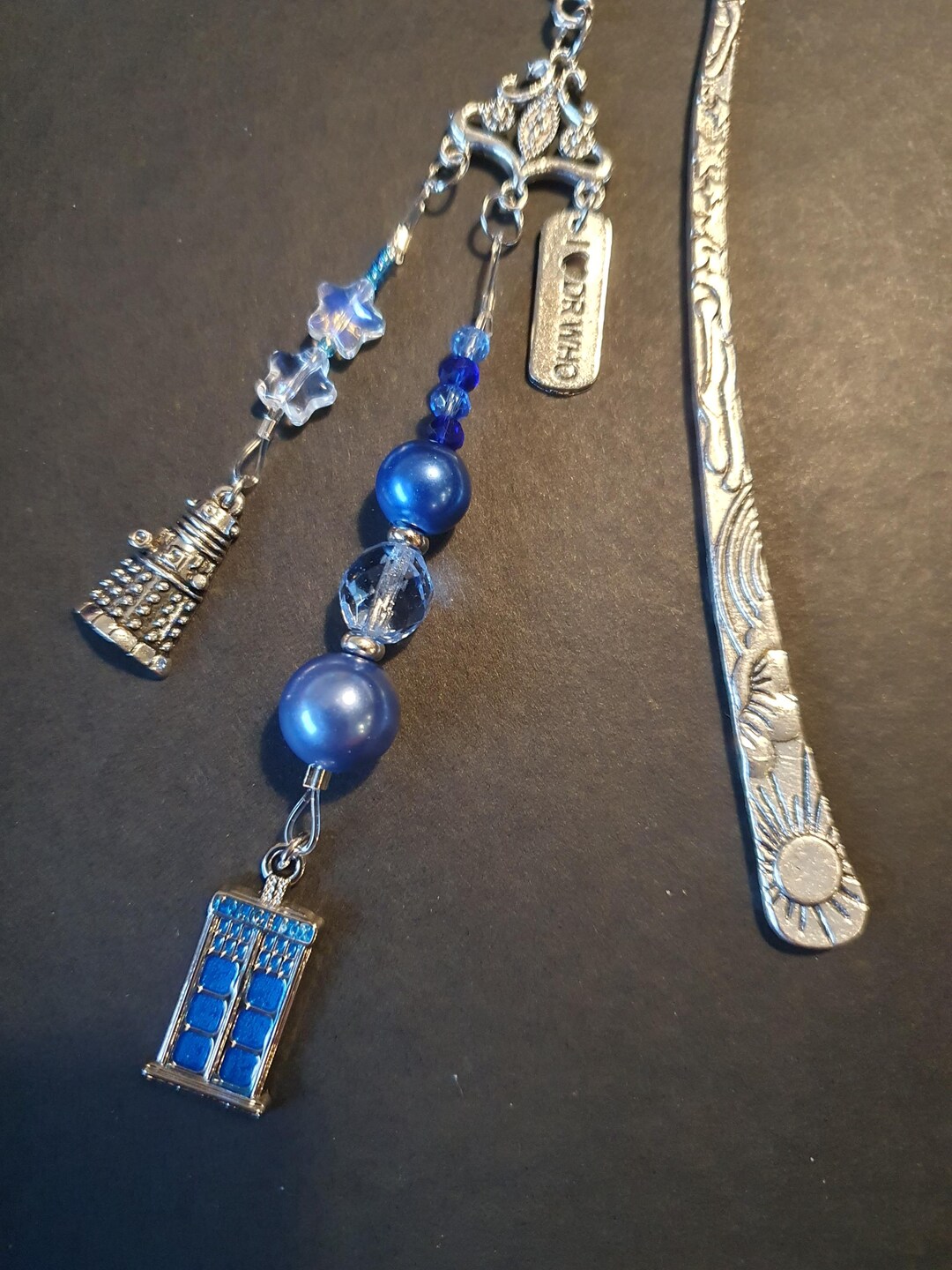 Doctor Who Bookmark: Tardis, Dalek, Blue Glass Beads & Resin Stars ...